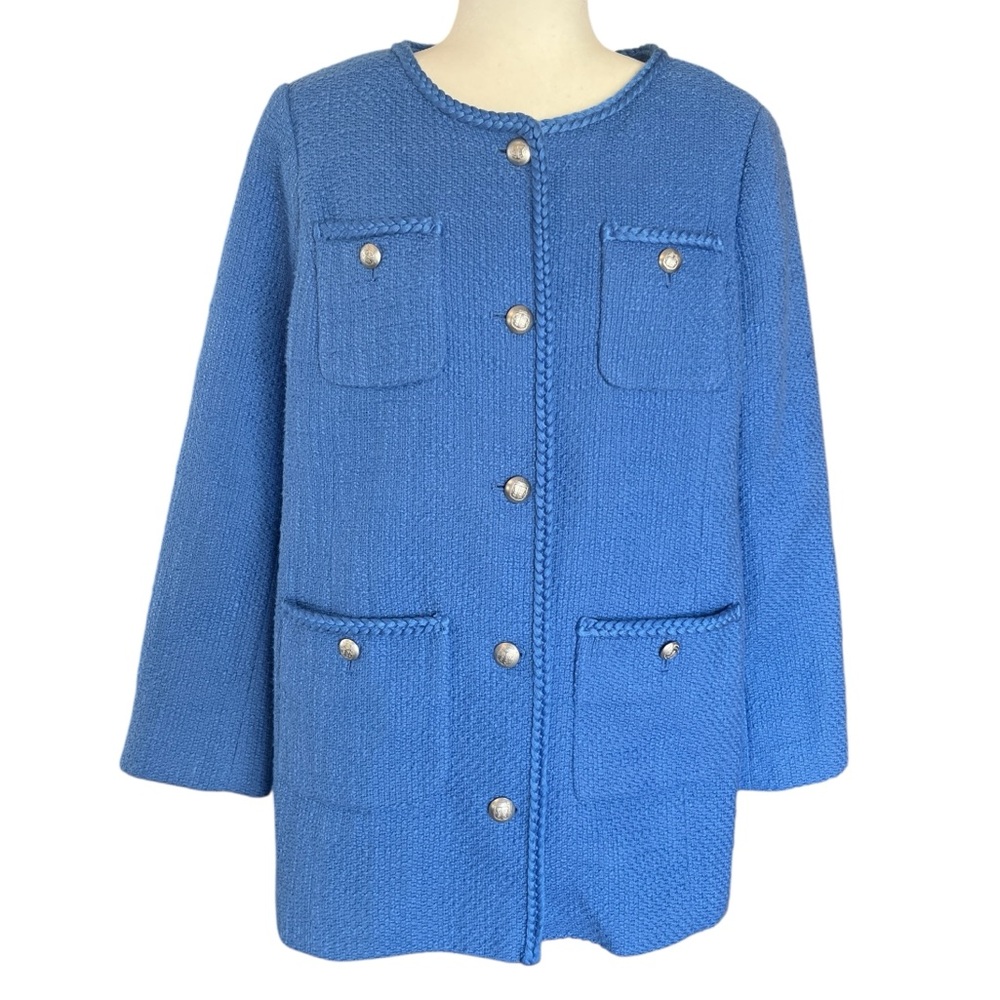Talbots Tweed Topper Coat Blue Braided Trim Preppy Wo… - Gem
